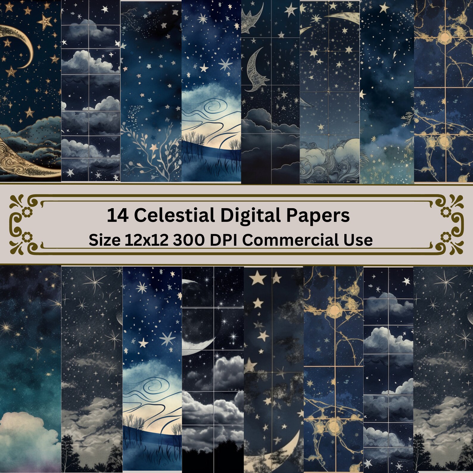 Celestial Starry Night Digital Paper, Seamless Zodiac Navy Watercolor ...