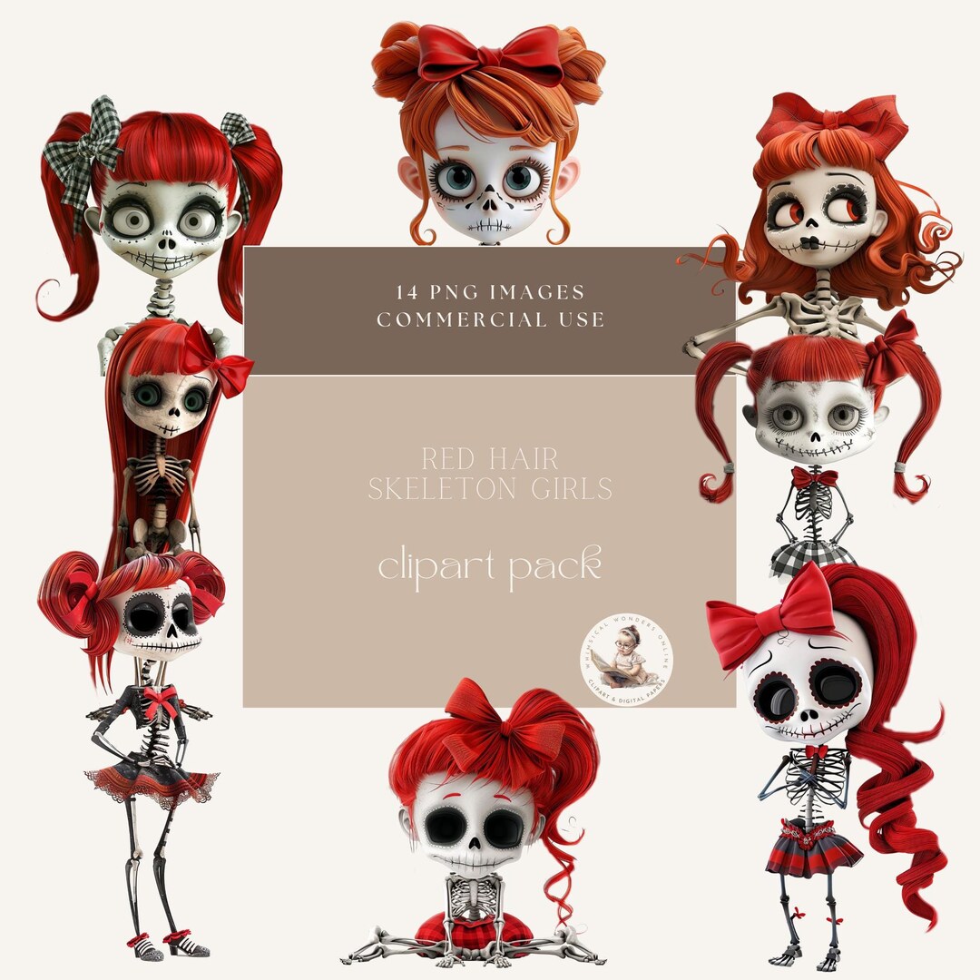 Skeleton Clipart, Red Hair Skeleton Girls Clipart, Halloween Clipart ...