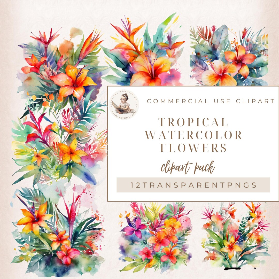 Tropical Watercolor Floral Clipart, Summer Clipart, Tropical Flowers ...