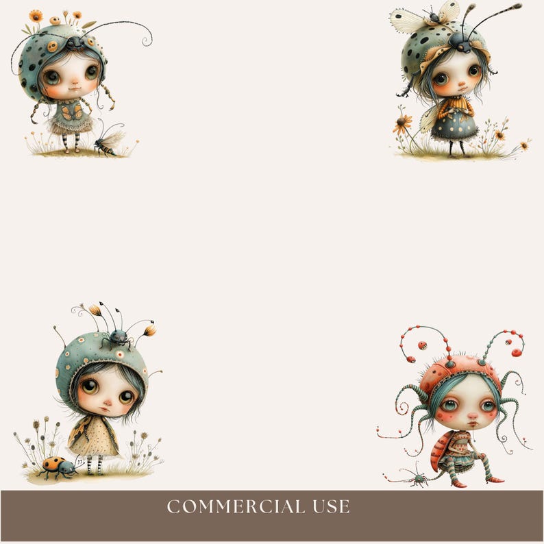 Quirky Whimsy Insect Girls, Insect Clipart, Whimsical Clipart, Quirky ...