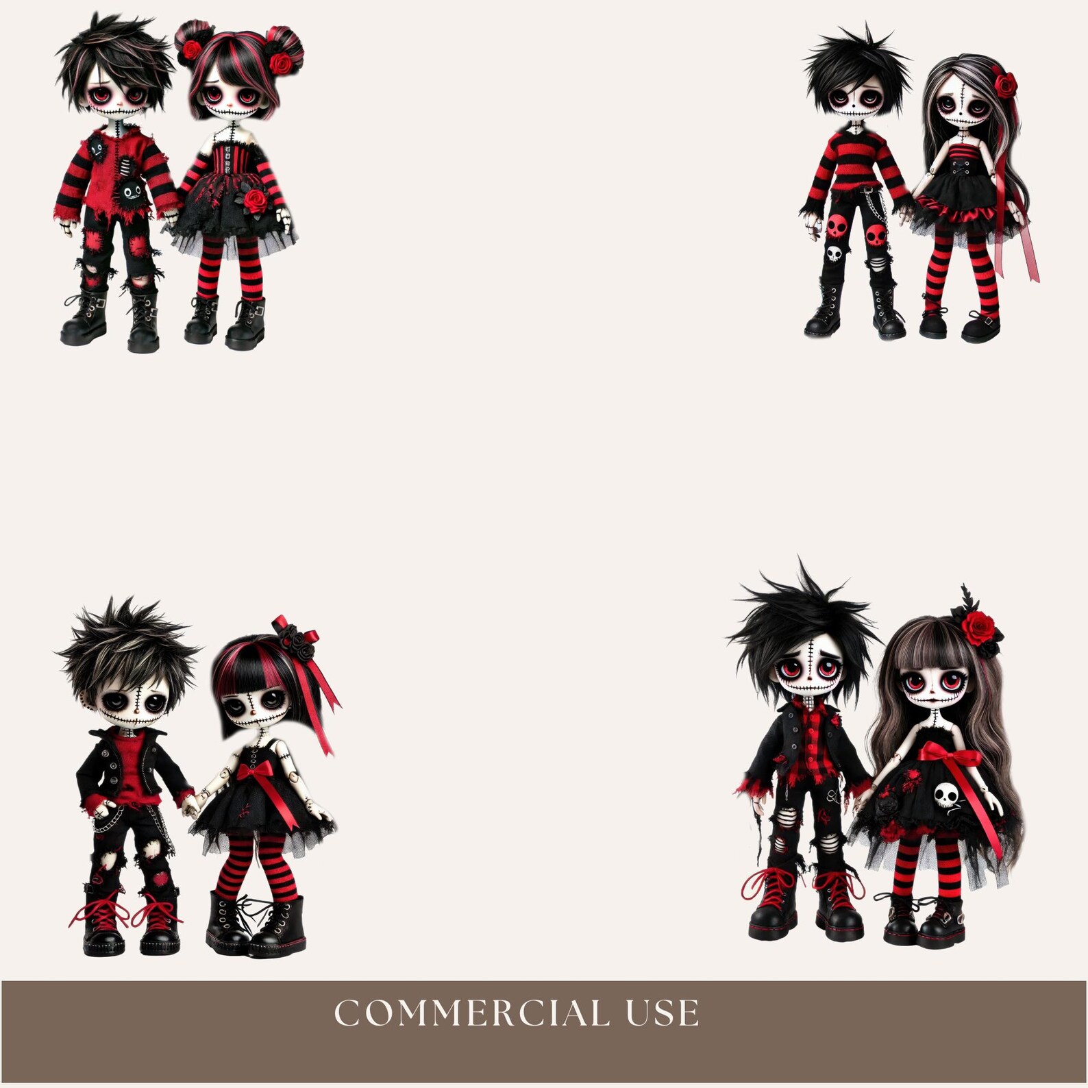 Gothic Girls and Boys Clipart Pack, Dark Red and Black Goth Dolls ...