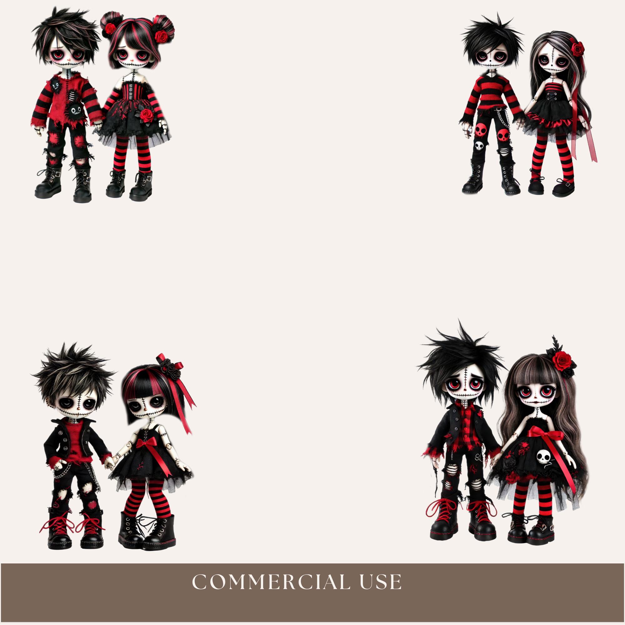 Gothic Girls and Boys Clipart Pack, Dark Red and Black Goth Dolls ...