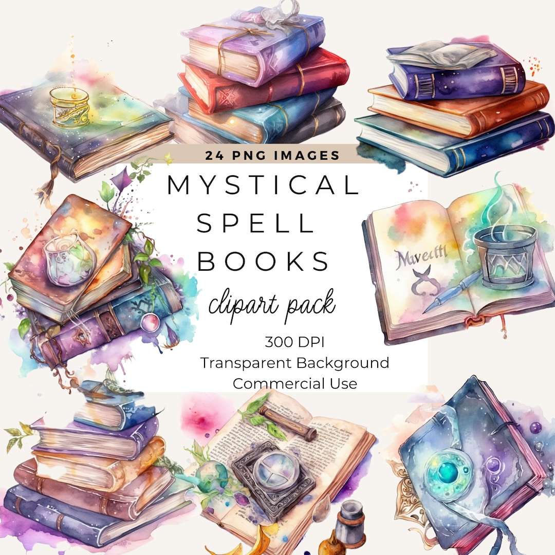 Mystical Spell Book Clipart Bundle, Watercolor Spell Books, Vintage Old ...
