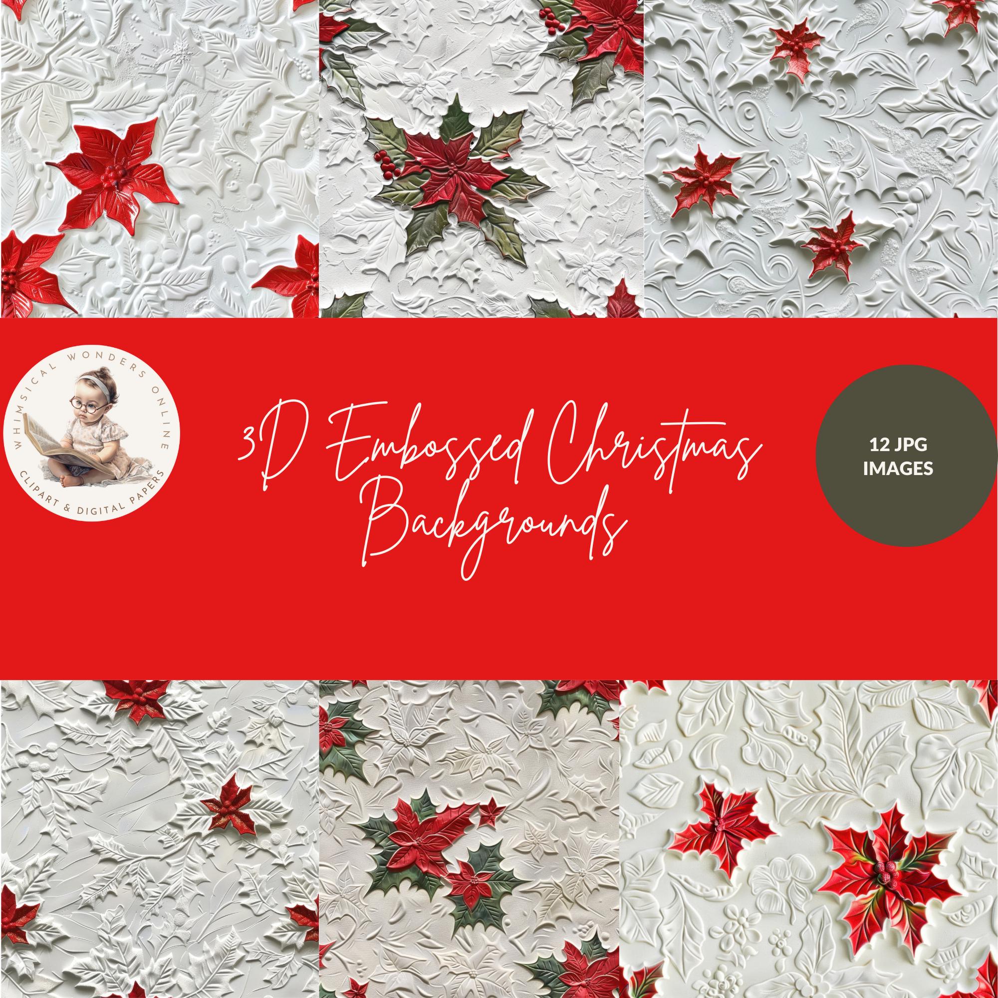 Embossed Holly & Poinsettia Christmas Papers, 3D Effect Digital ...