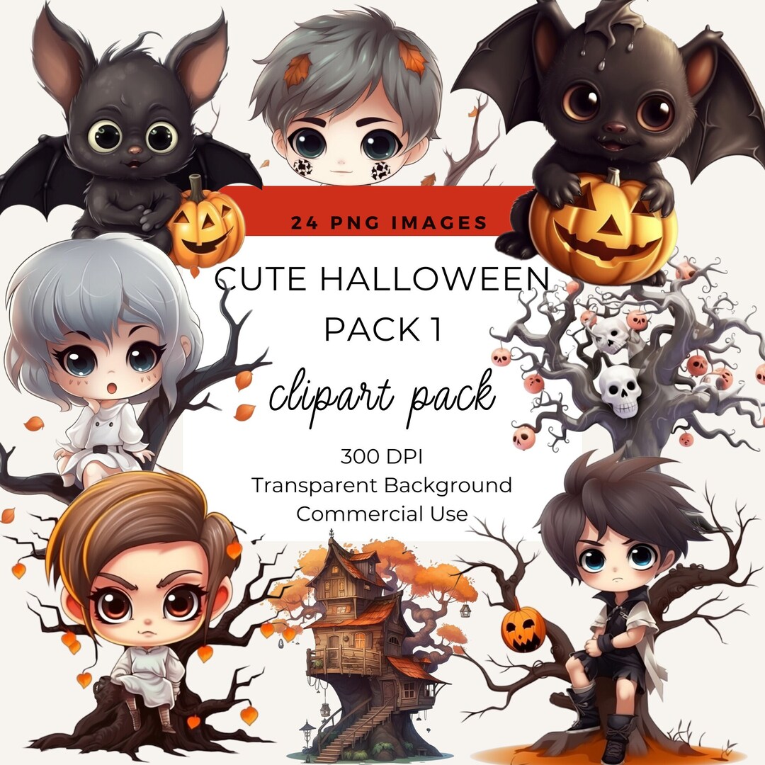 24 Cute Halloween Clipart Bundle, Spooky Tree, Cute Bats, Pumpkins ...
