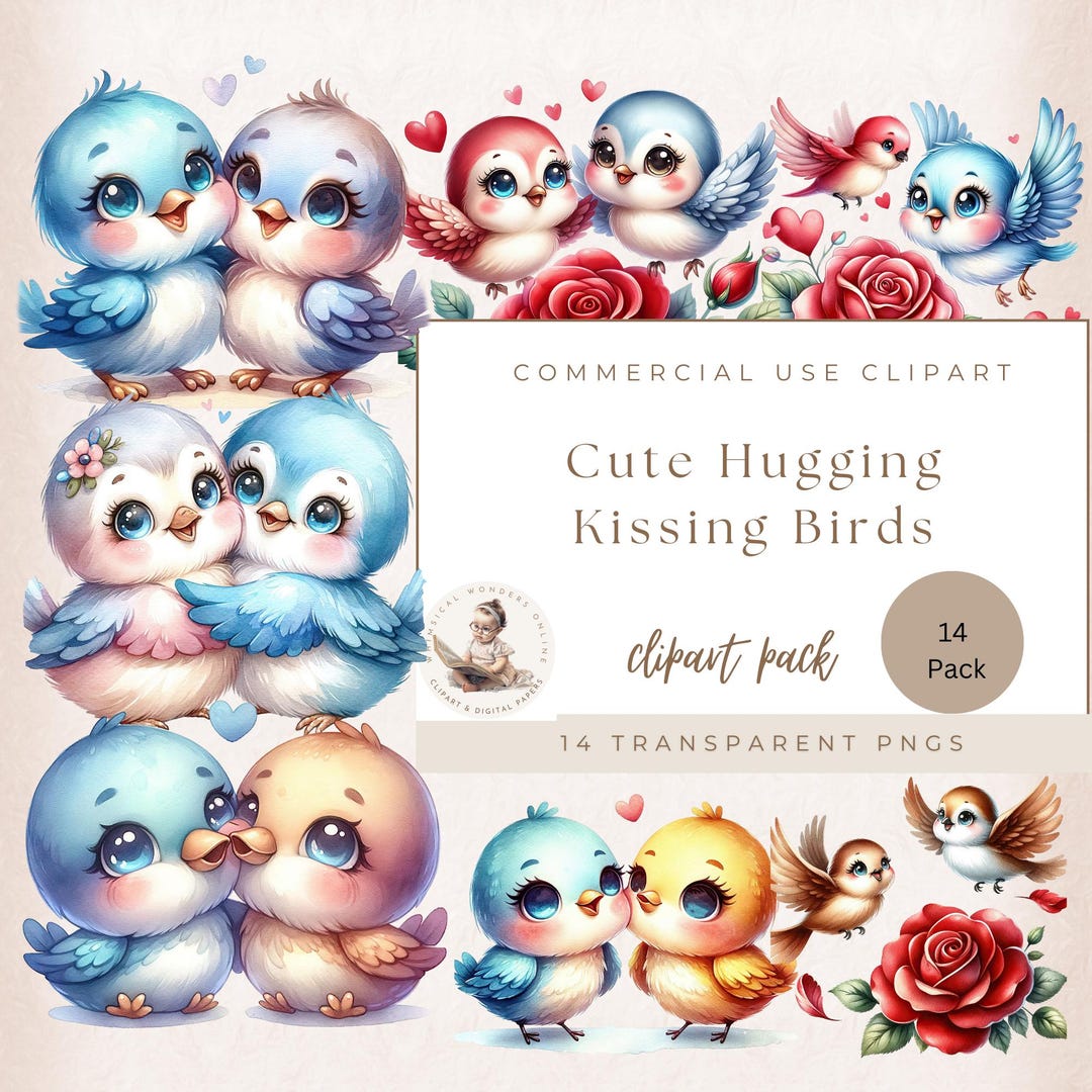 Cute Birds Clipart, Cute Birds Hugging, Birds Kissing, Valentine ...