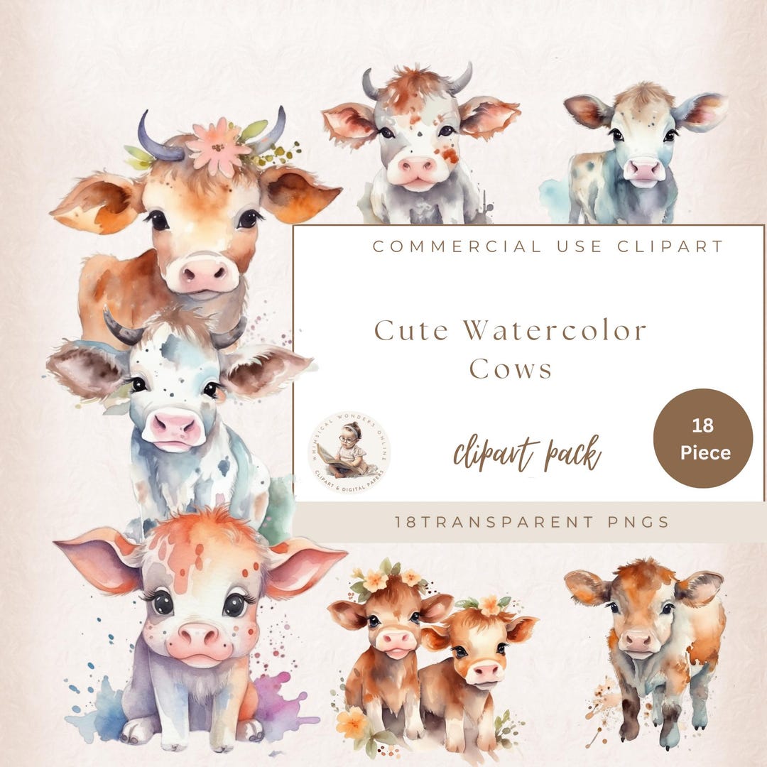 Cute Cow Clipart, Digital Download, Watercolor Clipart, Animal Clipart ...