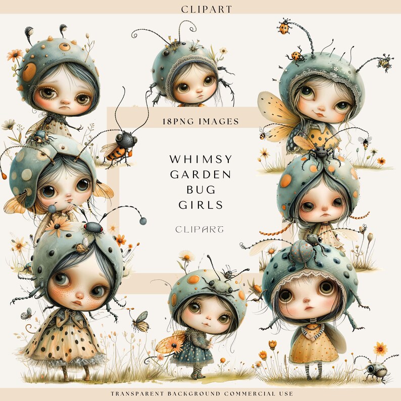 Whimsy Garden Bug Girls, Garden Clipart, Cute Bug Clipart, Whimsical ...