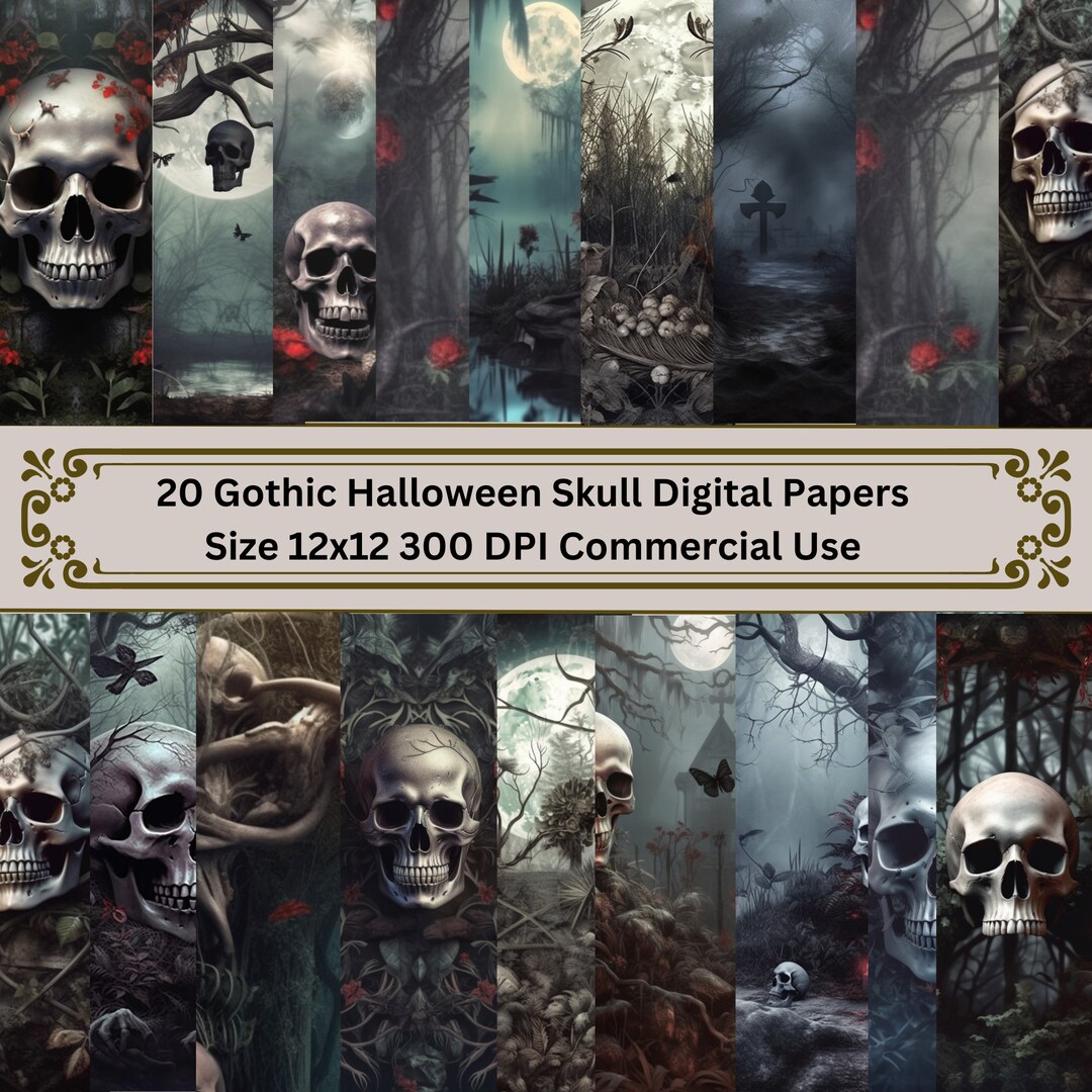 Seamless Black and Red White Gothic Skull Digital Paper, Graveyard ...