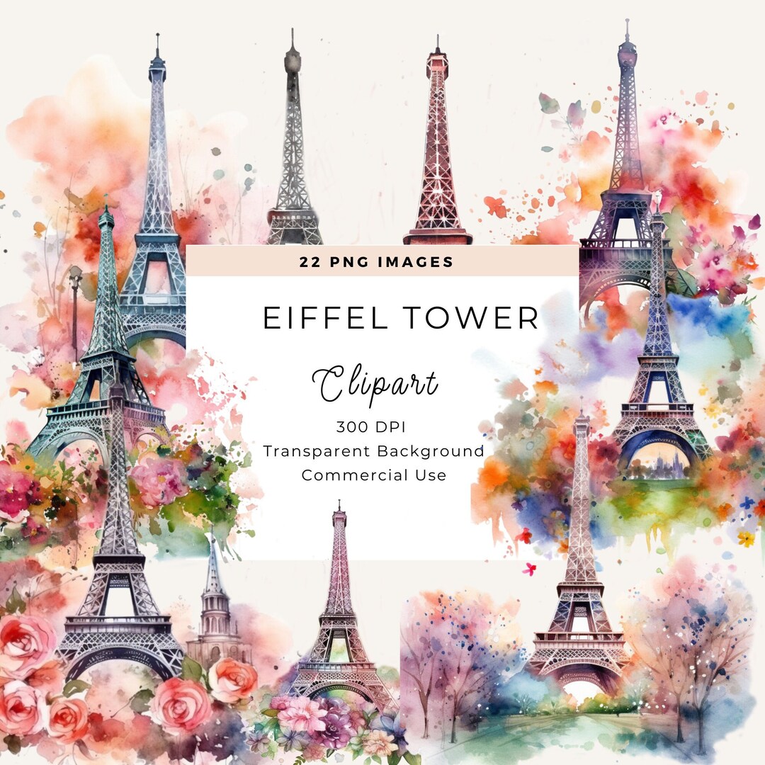 Eiffel Tower Clipart Pack, Paris Floral Watercolor, Illustration ...