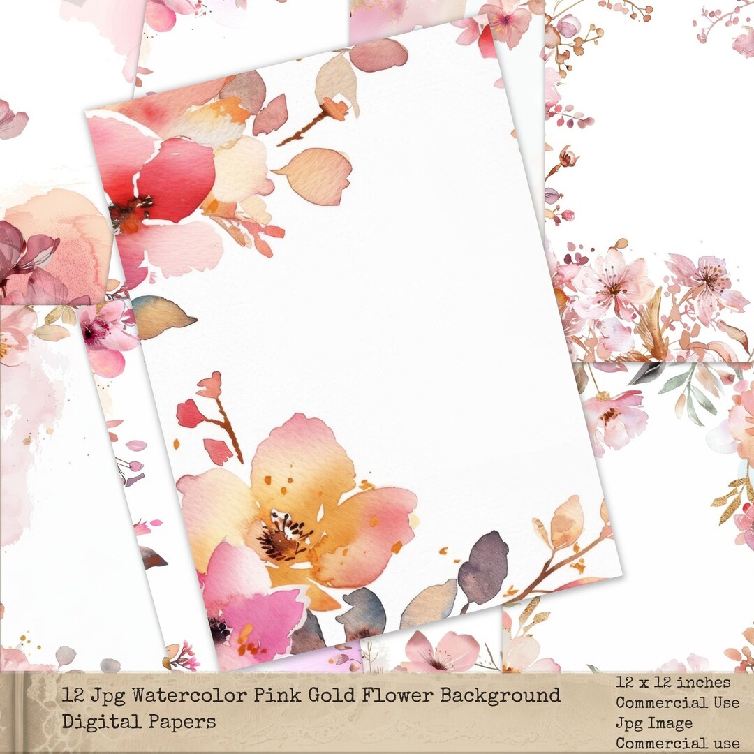 Printable Papers, Watercolor Pink Gold Floral Digital Papers ...