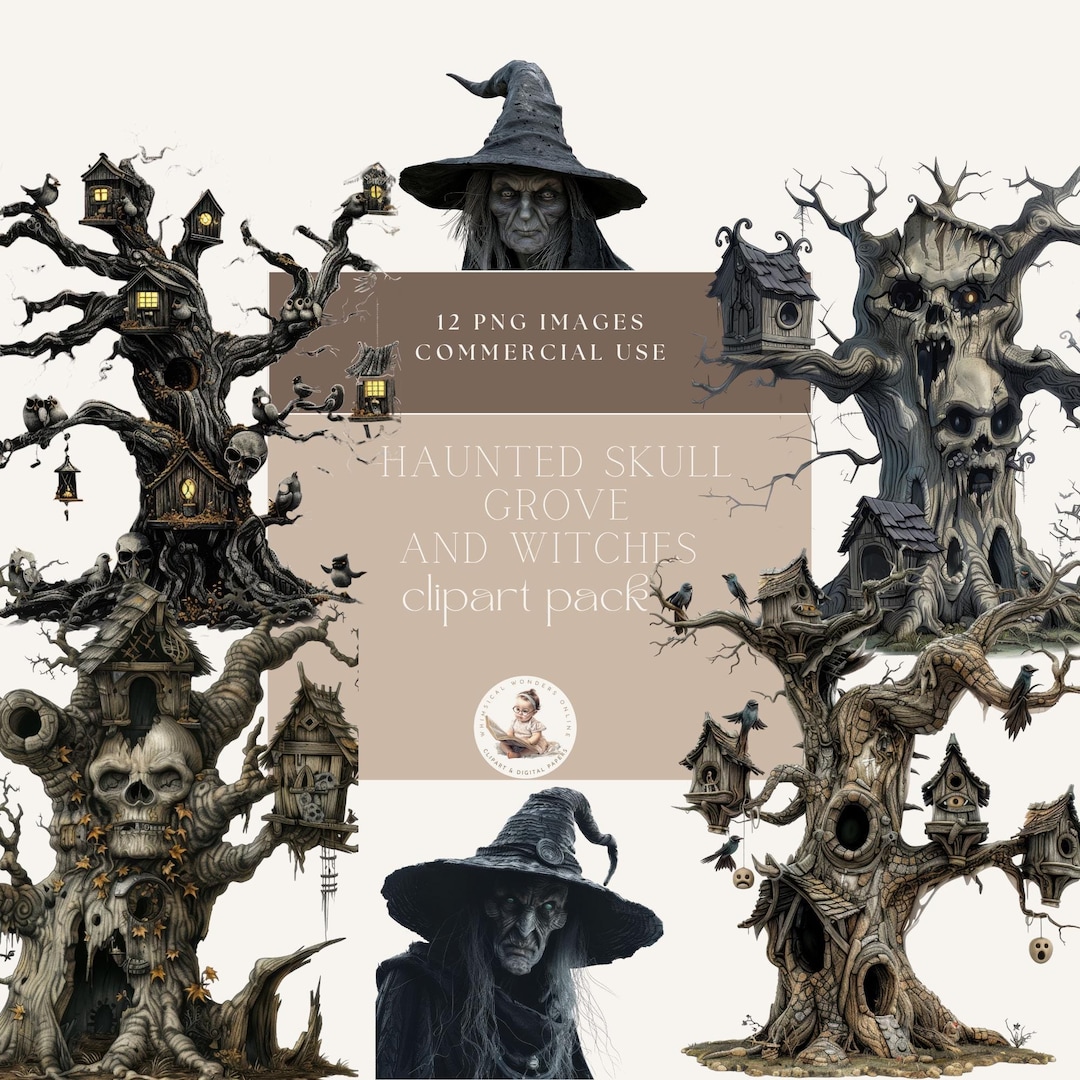 Halloween Tree Clipart, Skull Trees Forest Clipart, Magical Witches Junk Journal, Horror Forest ...