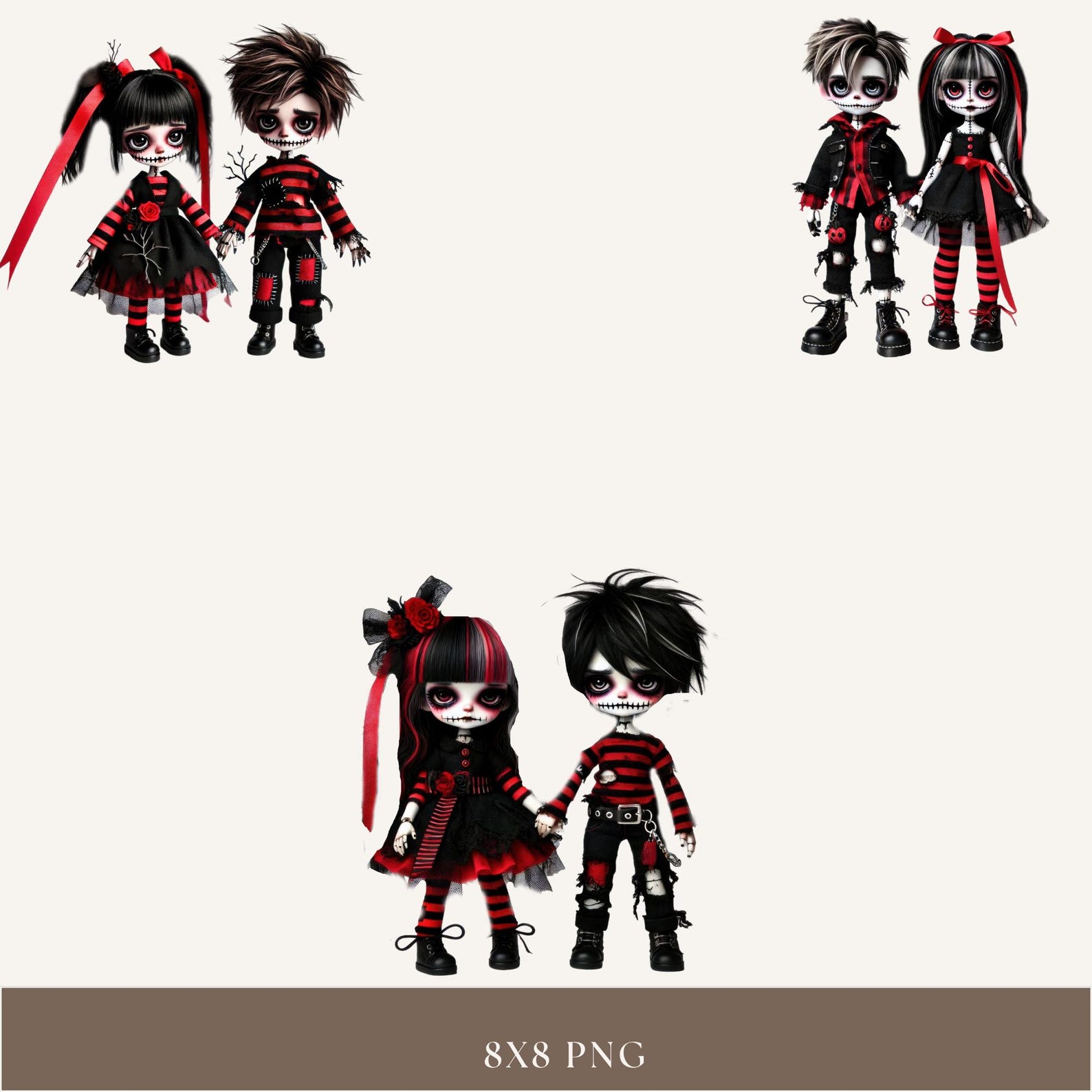 Gothic Girls and Boys Clipart Pack, Dark Red and Black Goth Dolls ...