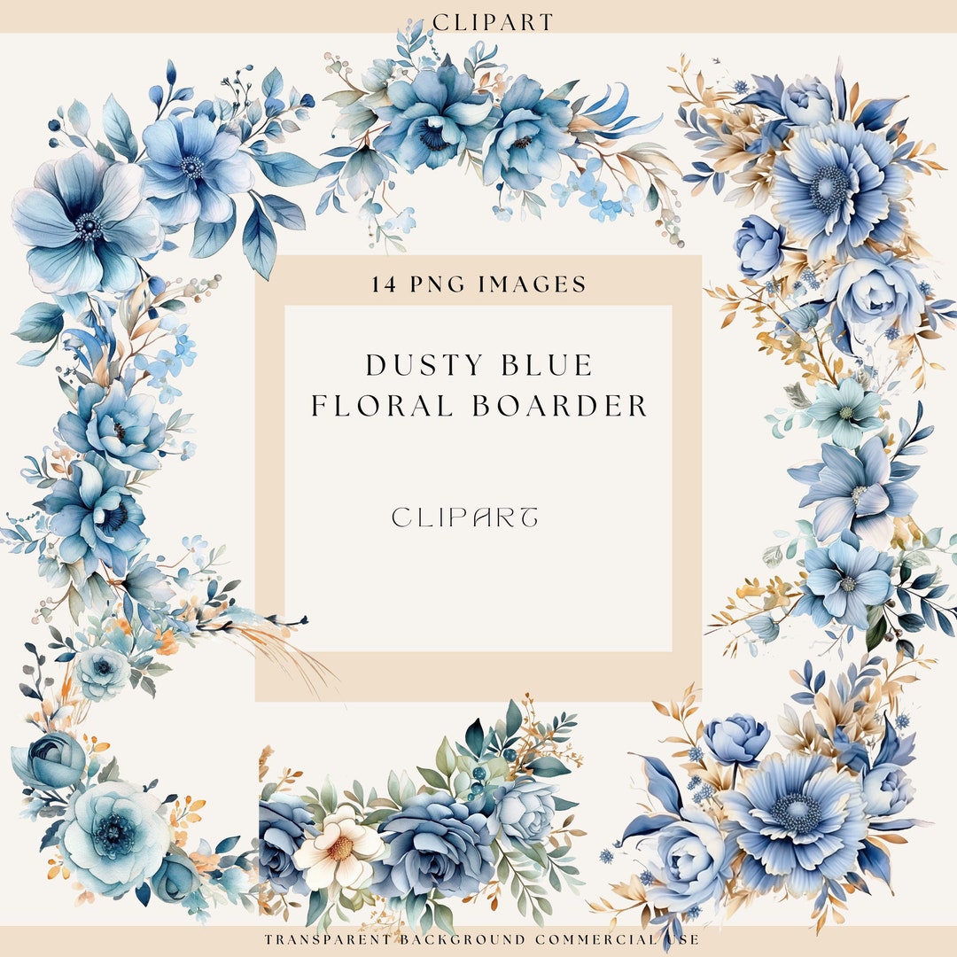 Dusty Blue Floral Bouquets, Blue Floral Borders, Watercolor Blue Floral ...