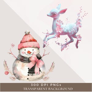 Pink Christmas Reindeers and Snowman Graphics, Xmas Clipart, Festive ...
