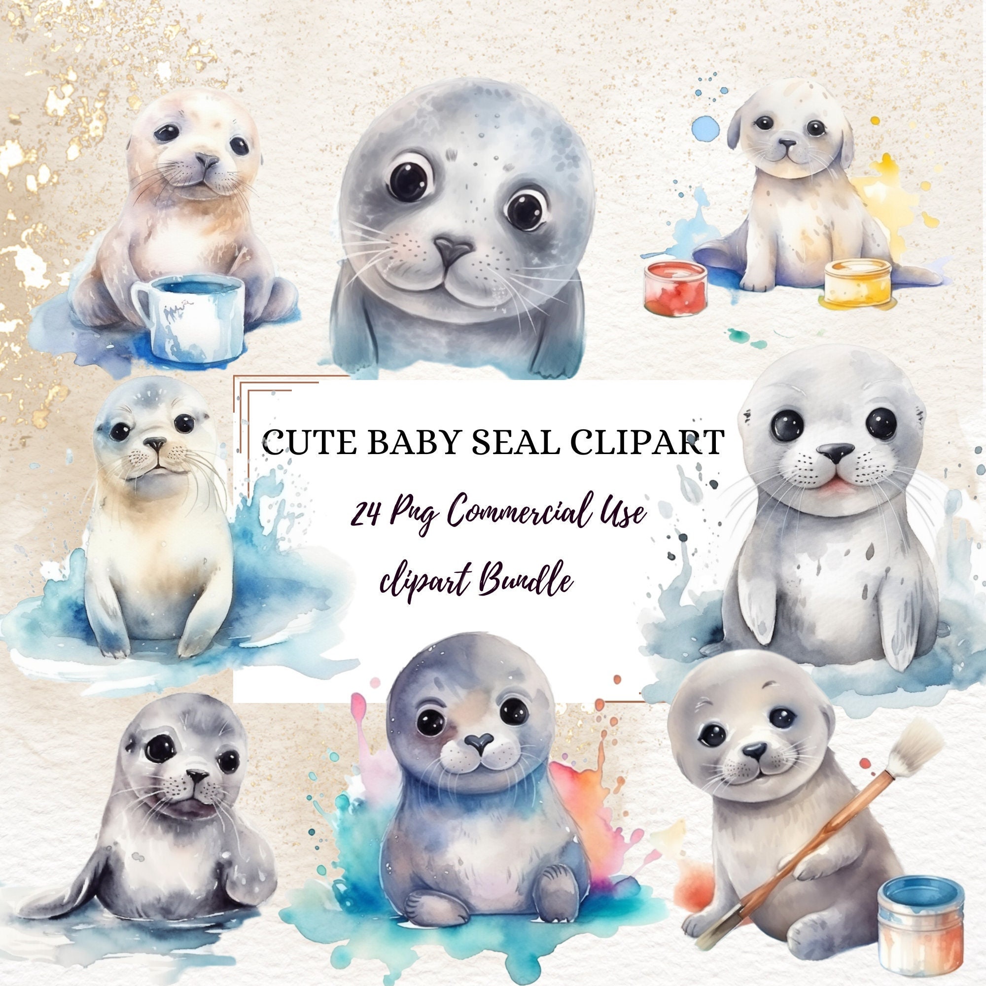 Watercolor Baby Seal Clipart Cute Animal Clipart Bundle - Etsy