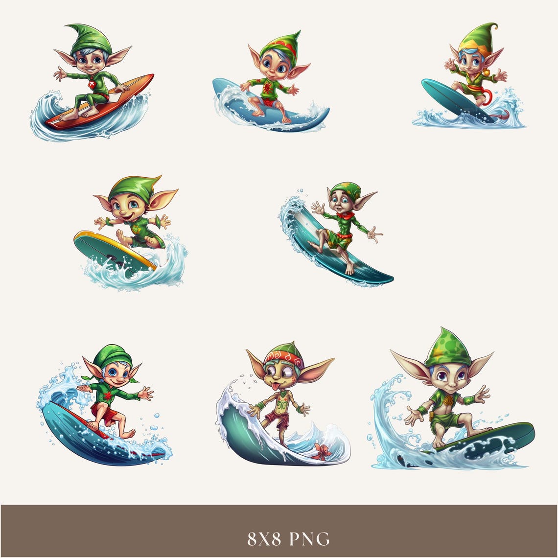 Christmas Surfing Elf's, Summer Clipart, Christmas Clipart, Commercial ...
