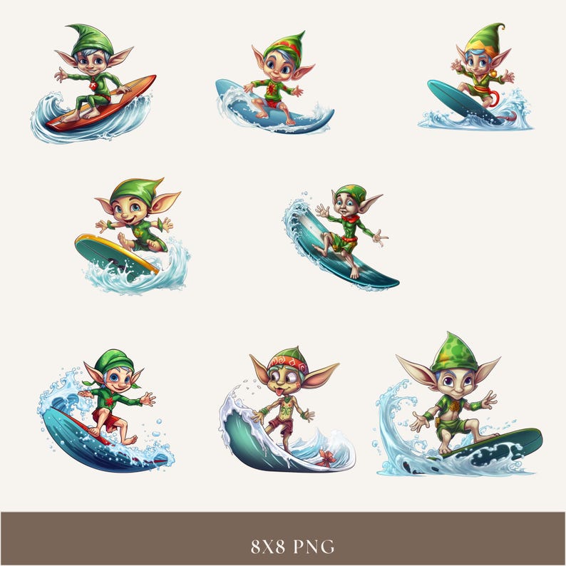 Christmas Surfing Elf's, Summer Clipart, Christmas Clipart, Commercial ...