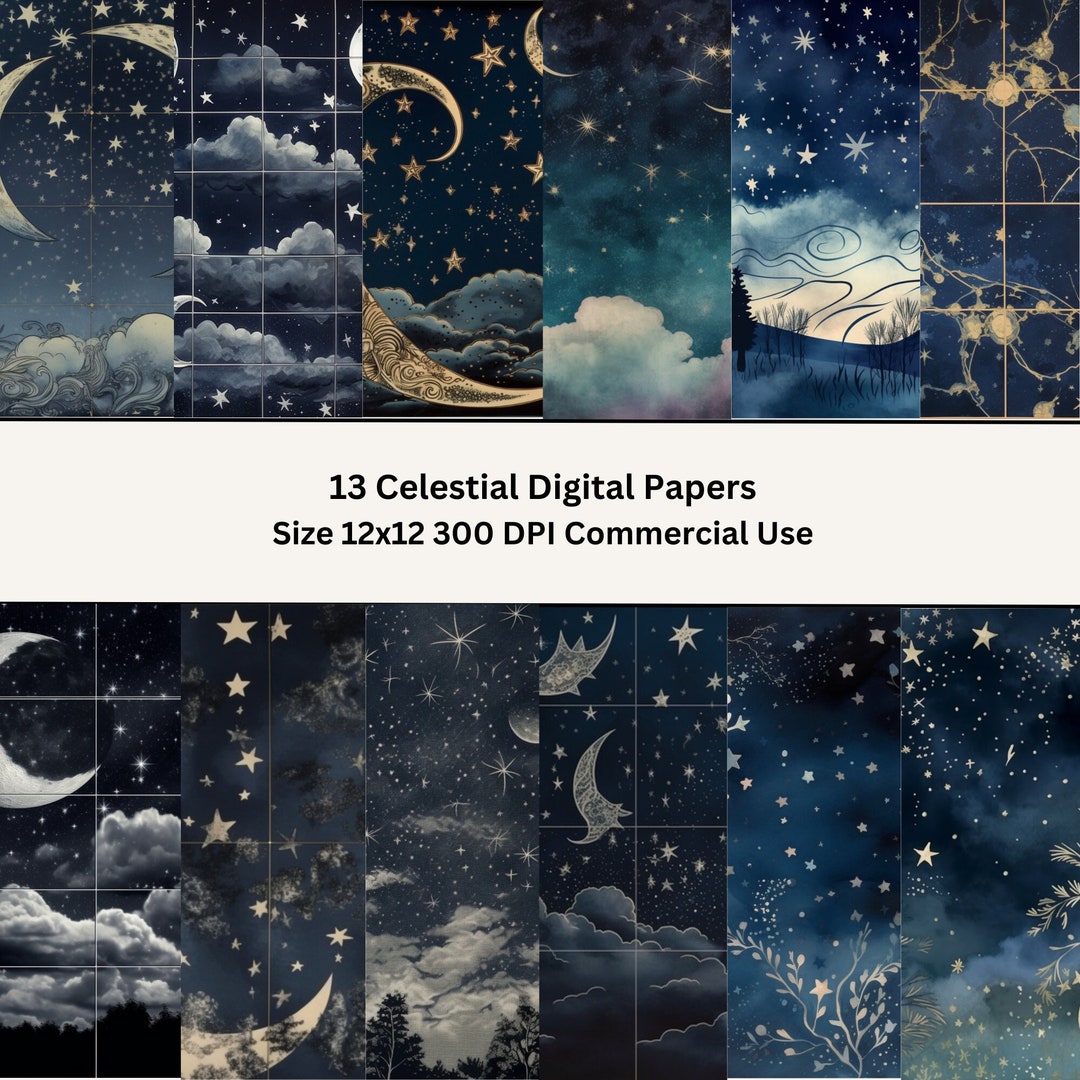Celestial Starry Night Digital Paper, Seamless Zodiac Navy Watercolor ...