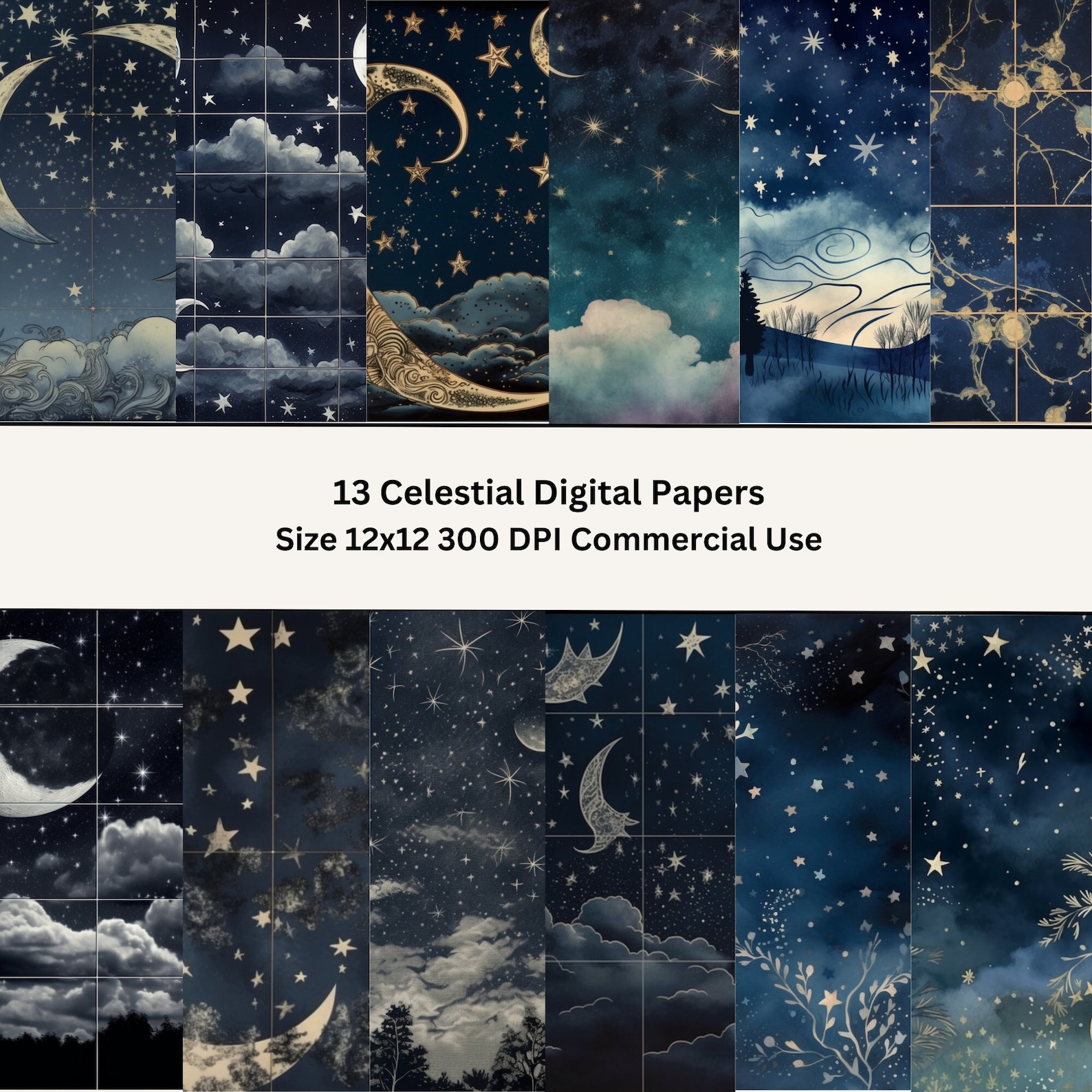 Celestial Starry Night Digital Paper, Seamless Zodiac Navy Watercolor ...