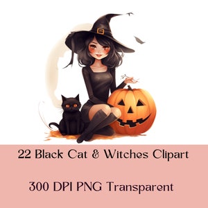 Witches and Black Cats Clipart, Watercolor Clipart, Witch Clipart ...