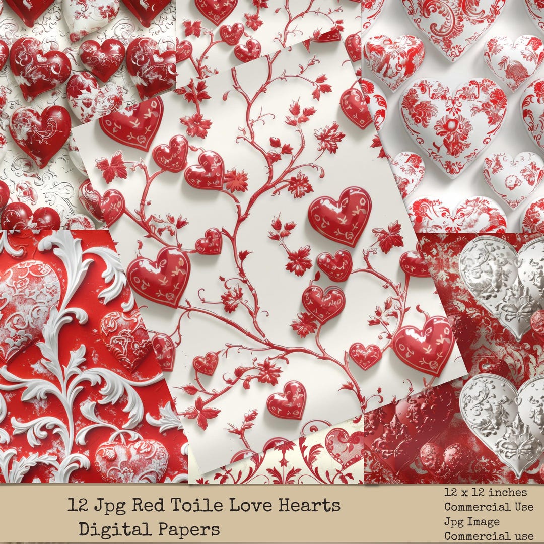 Red Toile Love Hearts Digital Papers, Valentine Background ...