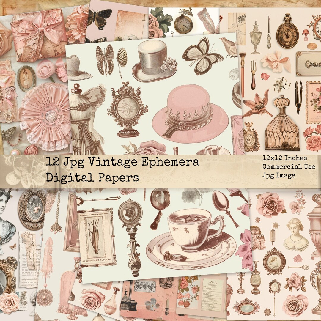 Vintage Ephemera Digital Papers, Vintage Ephemera Junk Journal, Vintage ...
