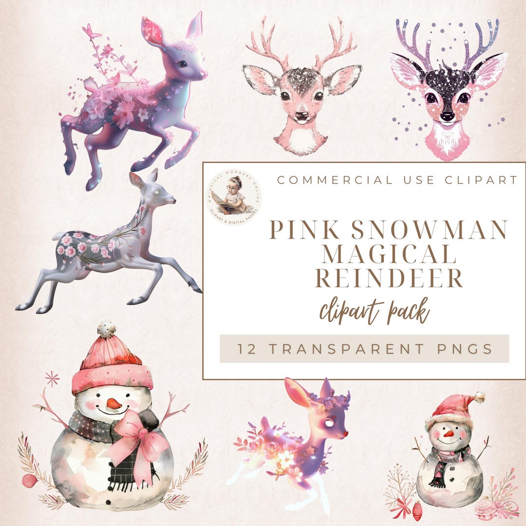 Pink Christmas Reindeers and Snowman Graphics, Xmas Clipart, Festive ...