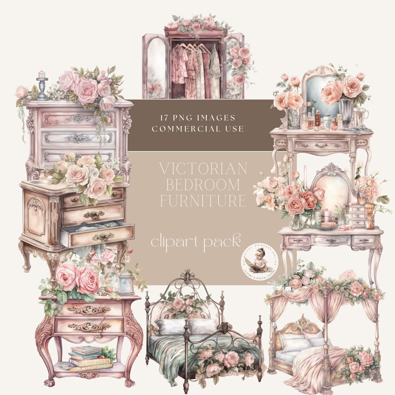 Watercolor Victorian Bedroom Furniture Clipart, Console Table ...