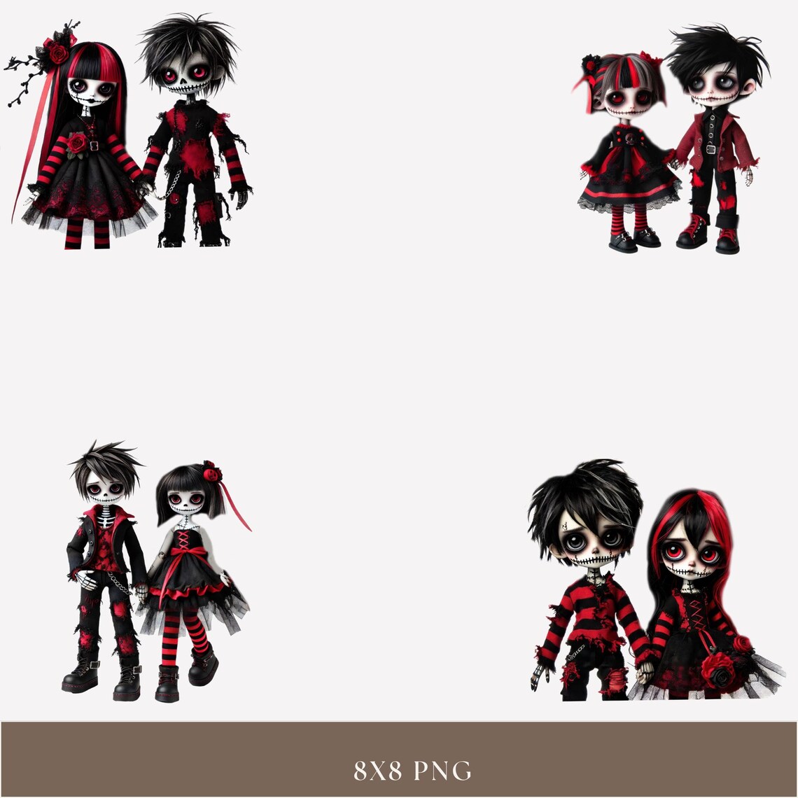 Gothic Girls and Boys Clipart Pack, Dark Red and Black Goth Dolls ...