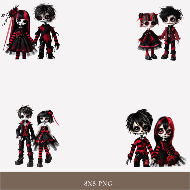 Gothic Girls and Boys Clipart Pack, Dark Red and Black Goth Dolls ...