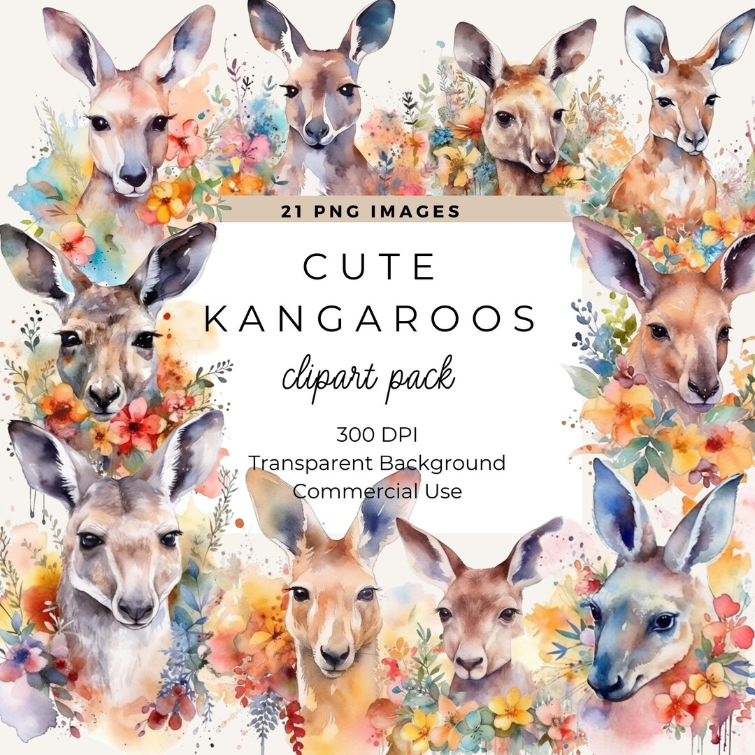 Kangaroo Watercolor Floral Clipart Bundle, Card Making, Scrapbook, Junk ...