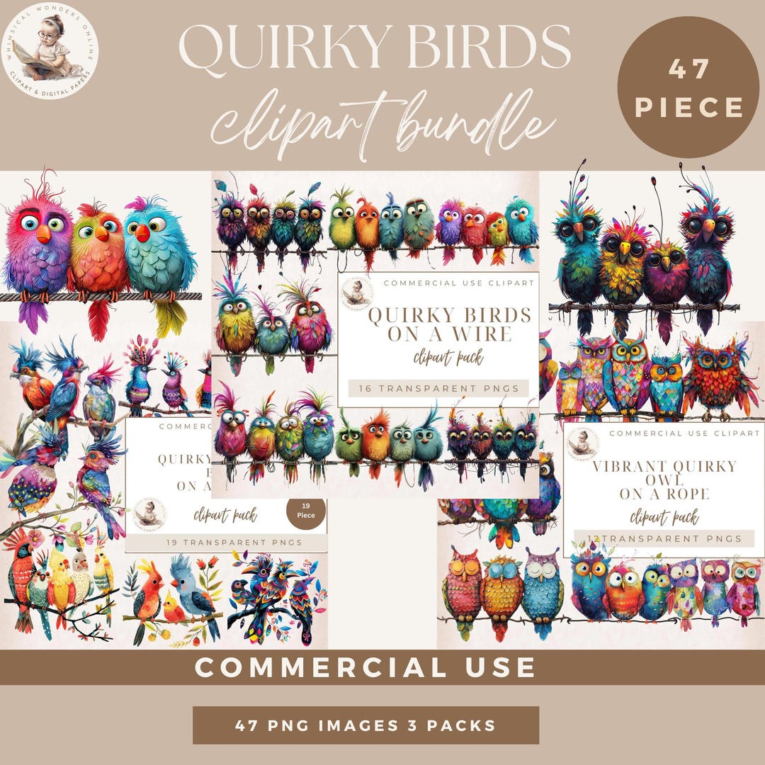 Quirky Birds Clipart Mega Bundle, Funny Birds, Birds on A Wire, Birds ...