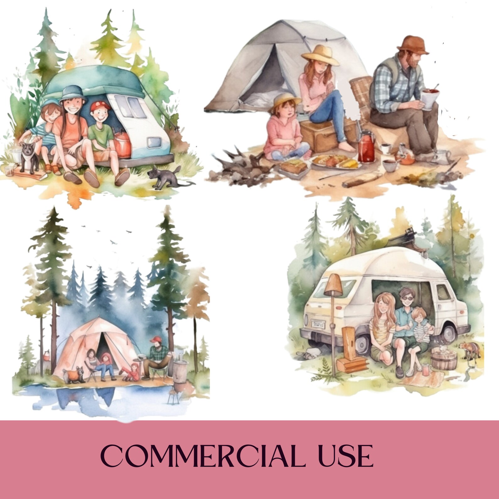Family Camping Clipart, Fishing Camping in Tents, Travel Clip Art ...