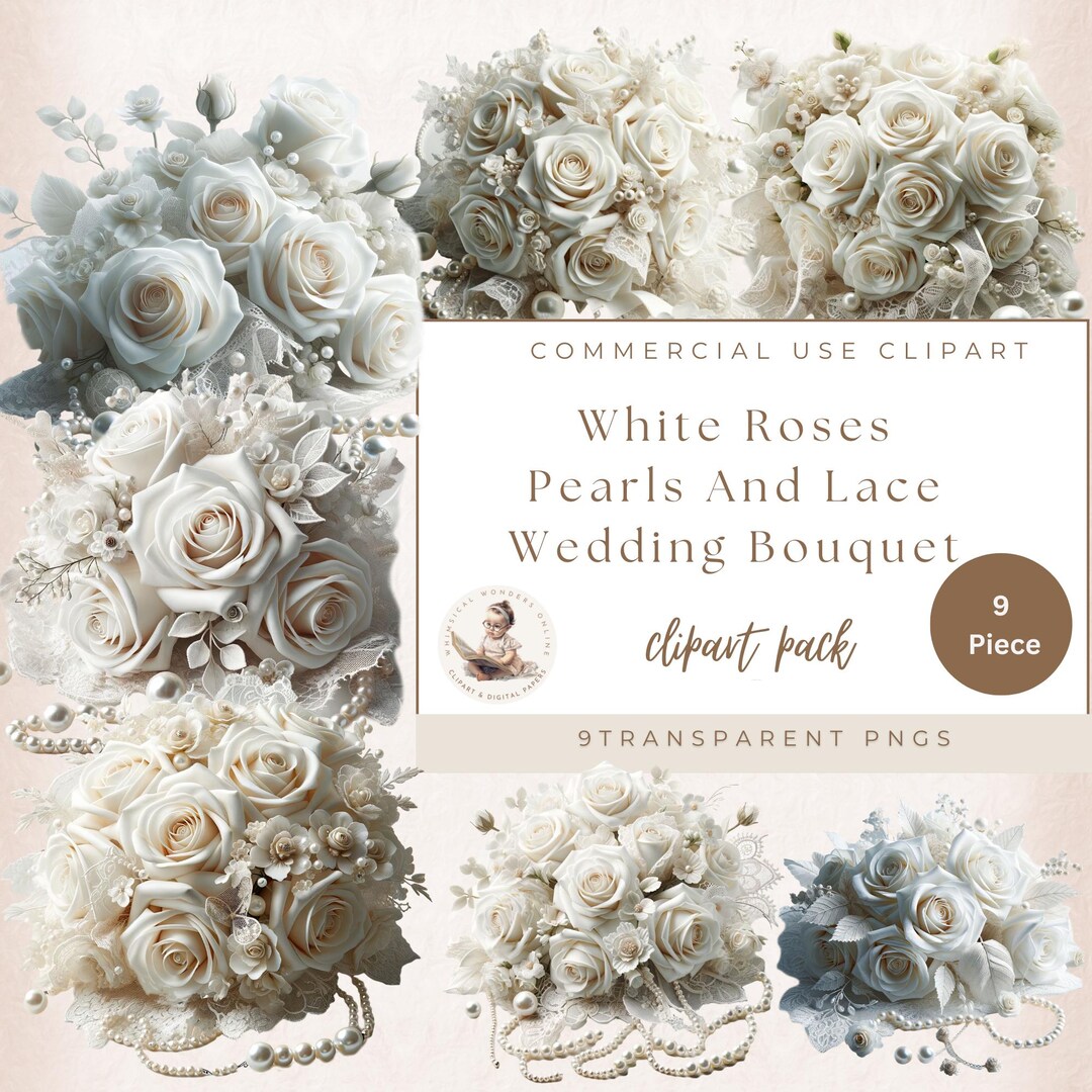 Wedding Clipart, White Roses Bouquets Clipart, White Lace and Pearls ...