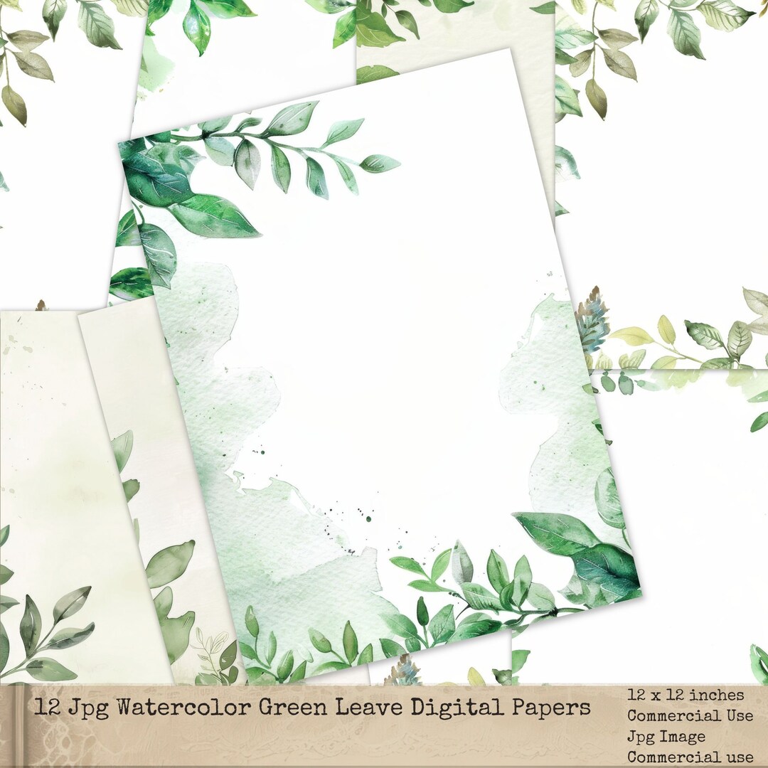 Printable Papers, Watercolor Green Leaves Digital Papers, Watercolor ...