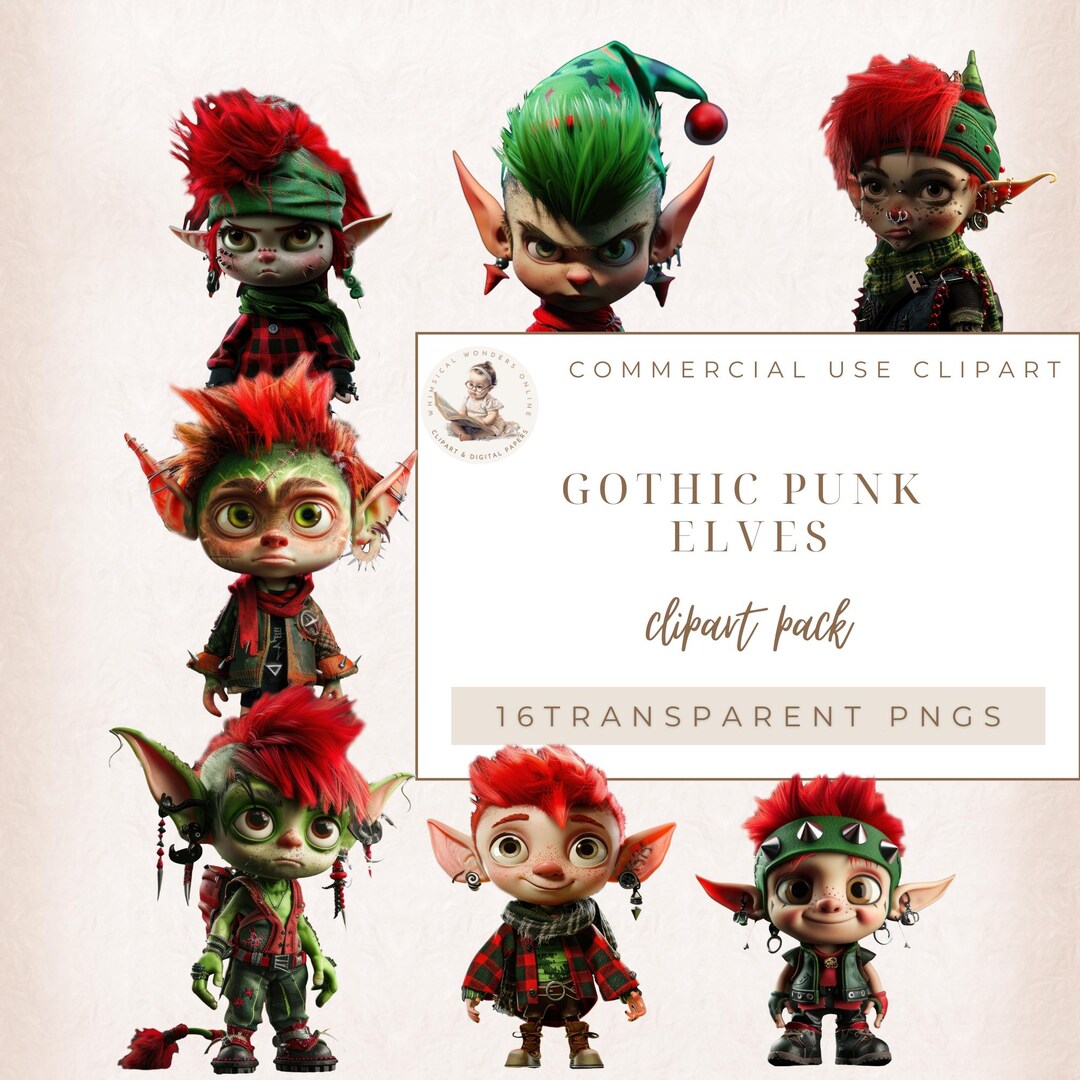Christmas Punk Elf's, Christmas Clipart, Commercial Use, Gothic Elf's ...