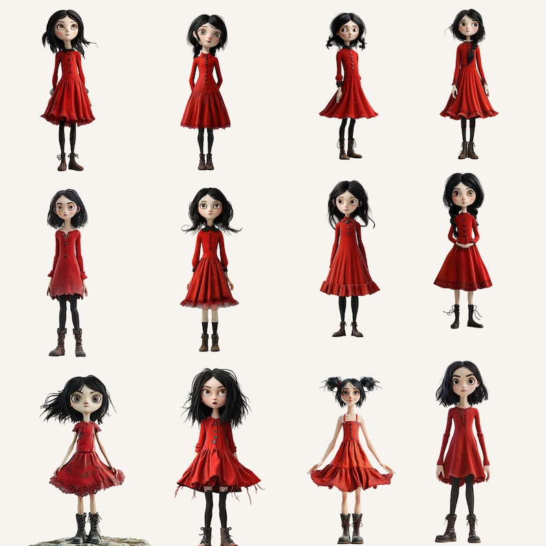 Red Dress Clipart, Whimsy Red Dress Girl, Quirky Girl Clipart, Goth ...