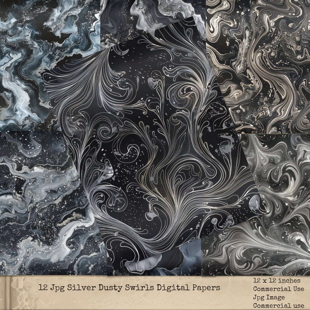 Black & Silver Dusty Swirls Papers, Sparkle Journal, Digital Texture ...