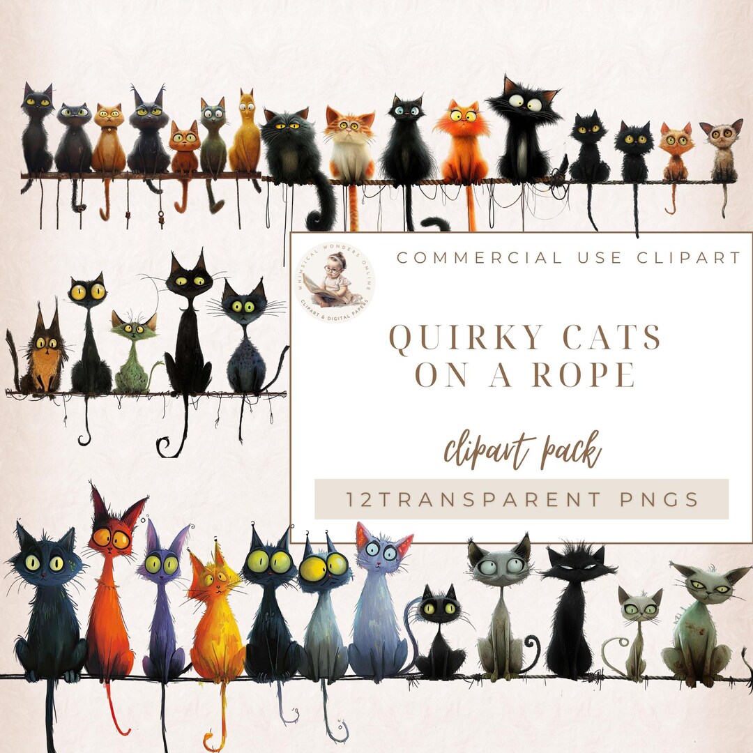 Whimsical Cat Clipart, Quirky Cat, Cats on A Rope Clip Art, Junk ...