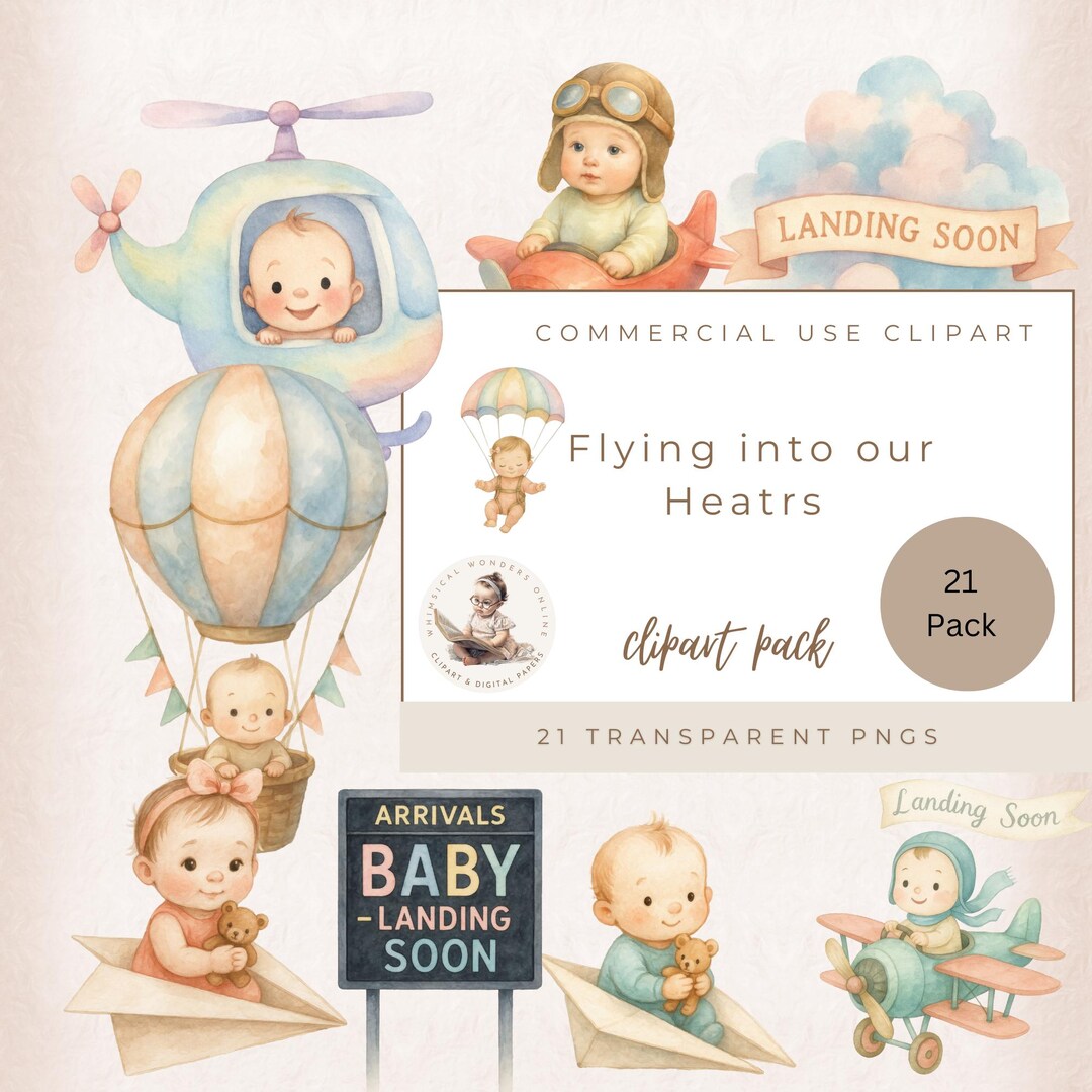 Landing Soon Baby Shower Clipart, Watercolor Hot Air Balloon, Airplane ...