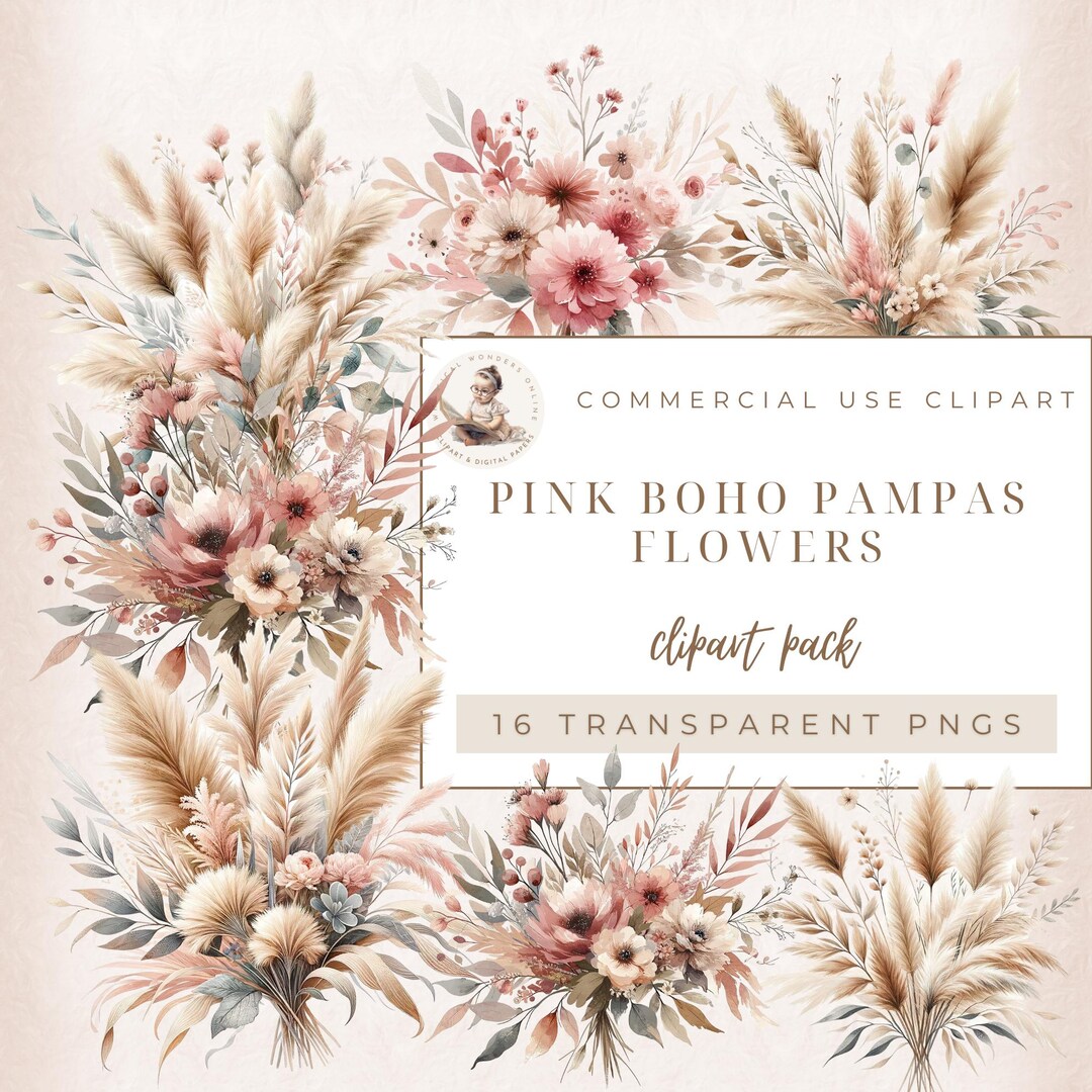 Boho Pink Flowers Clipart, Boho Floral Clipart, Boho Pink Wildflowers ...