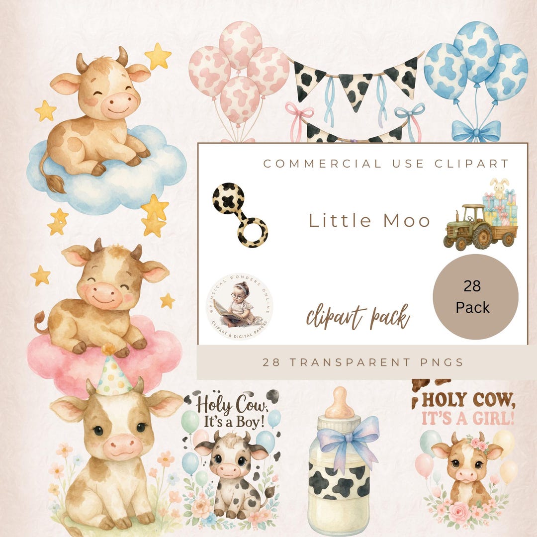 Holy Cow Baby Shower Clipart, Udderly Adorable Cow Print Pngs, Boy ...