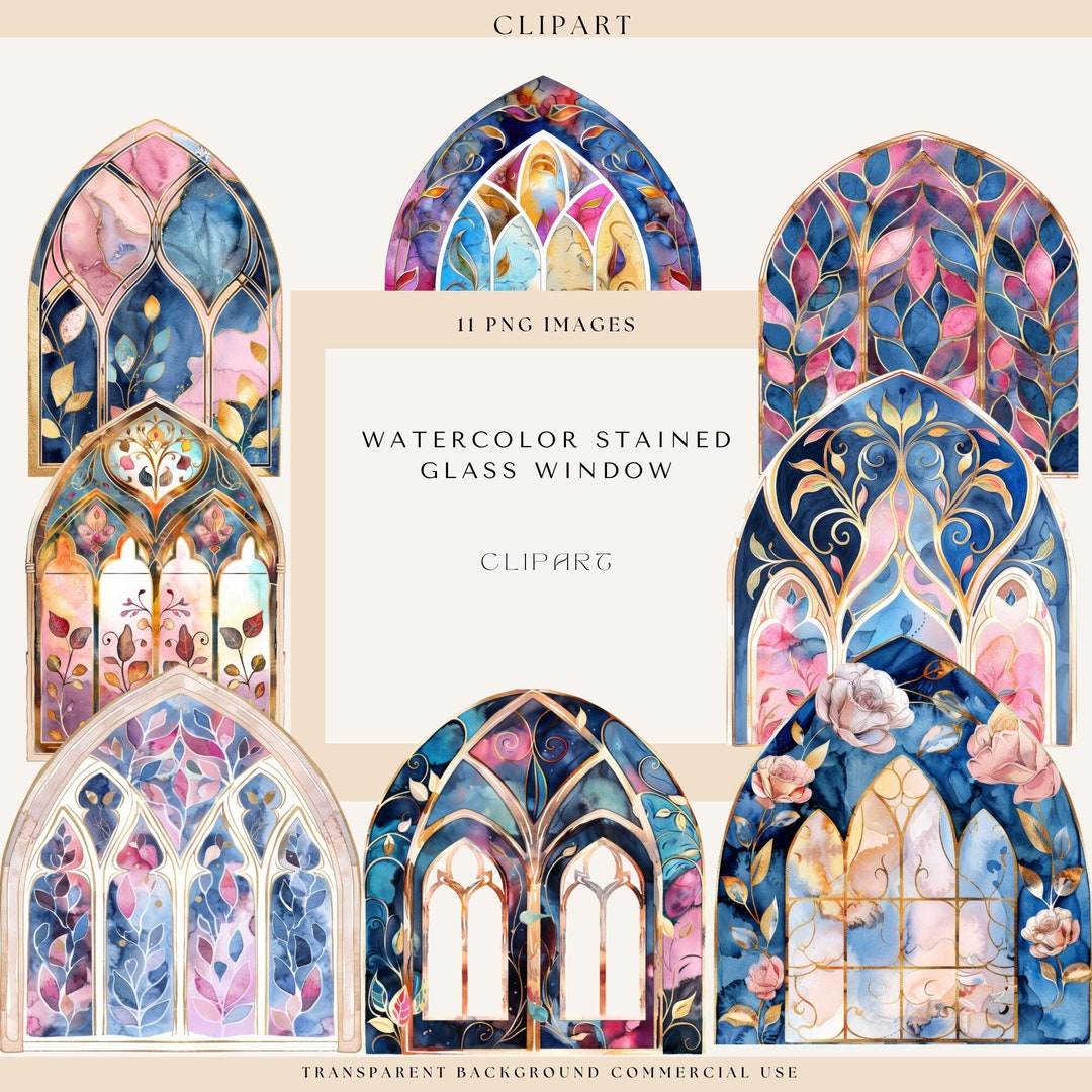 Watercolor Stained-glass Windows Clipart, Vintage Church Window With ...