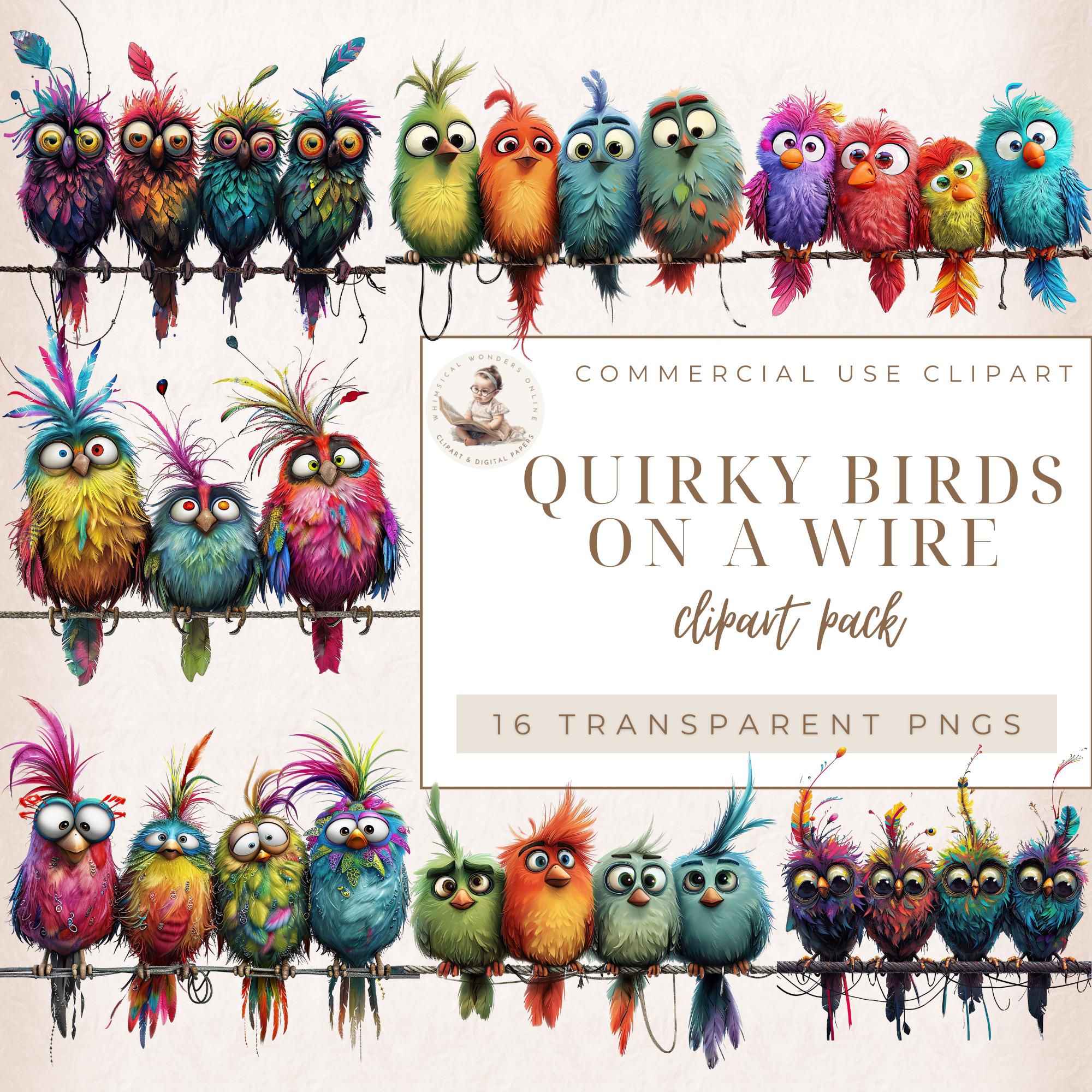 Quirky Bird Clip Art, Birds on A Wire, Funny Birds, Pets Clipart ...