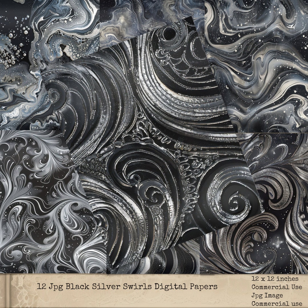 Black & Silver Swirls Papers, Sparkle Journal, Digital Texture Paper ...