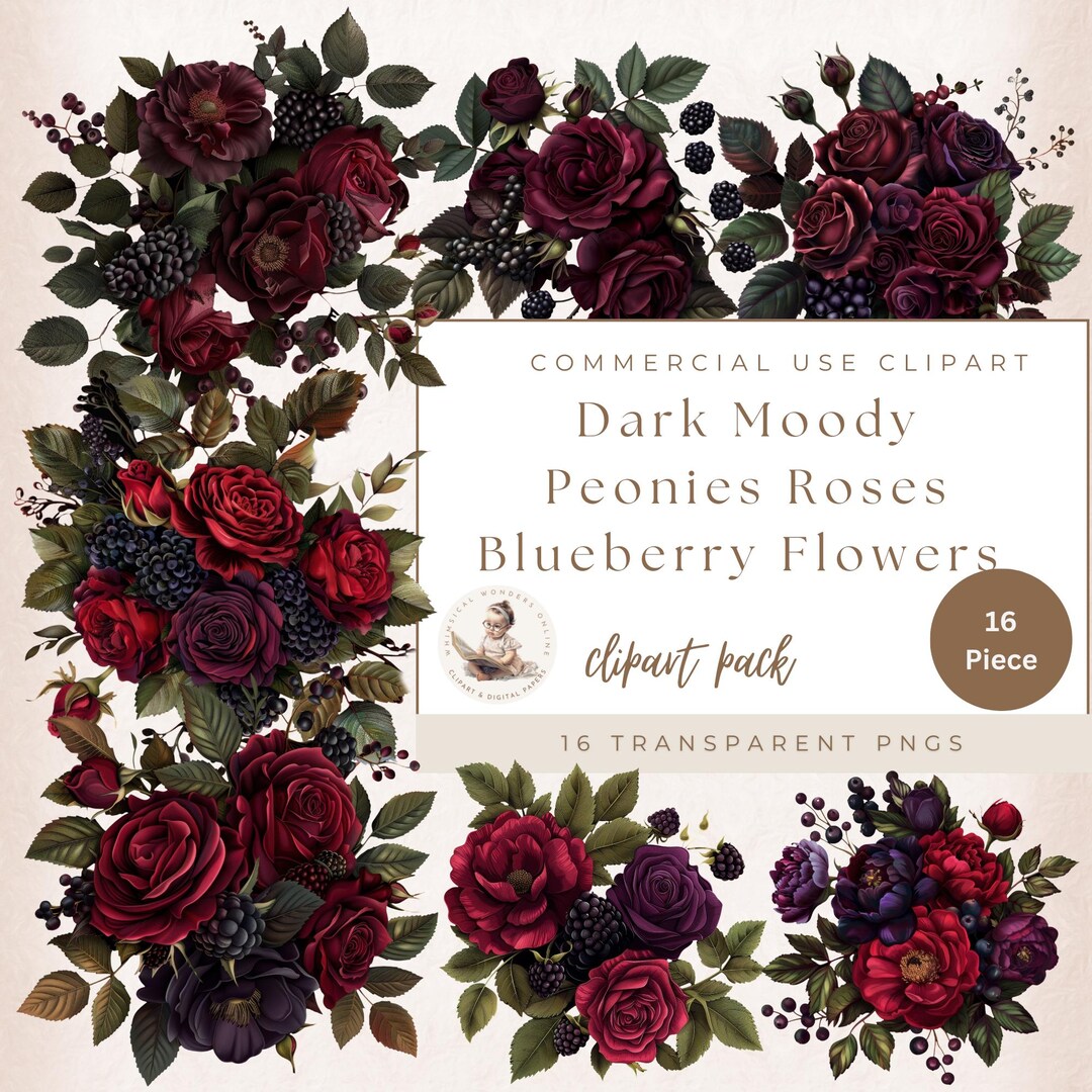 Red Moody Peonies and Roses Clipart Bundle, Transparent Pngs, Roses ...