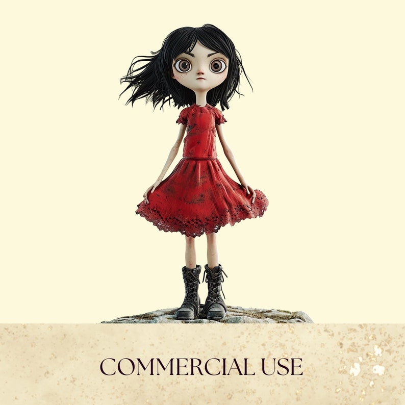 Red Dress Clipart, Whimsy Red Dress Girl, Quirky Girl Clipart, Goth ...