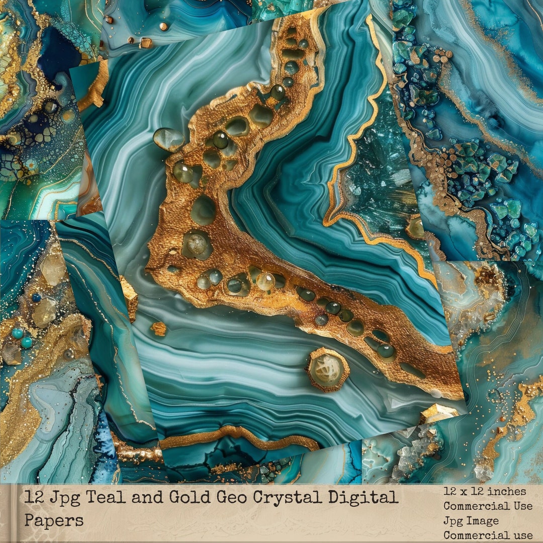 Teal Gold Sparkling Geo Crystal Digital Papers, Teal Agate Geode Quartz ...