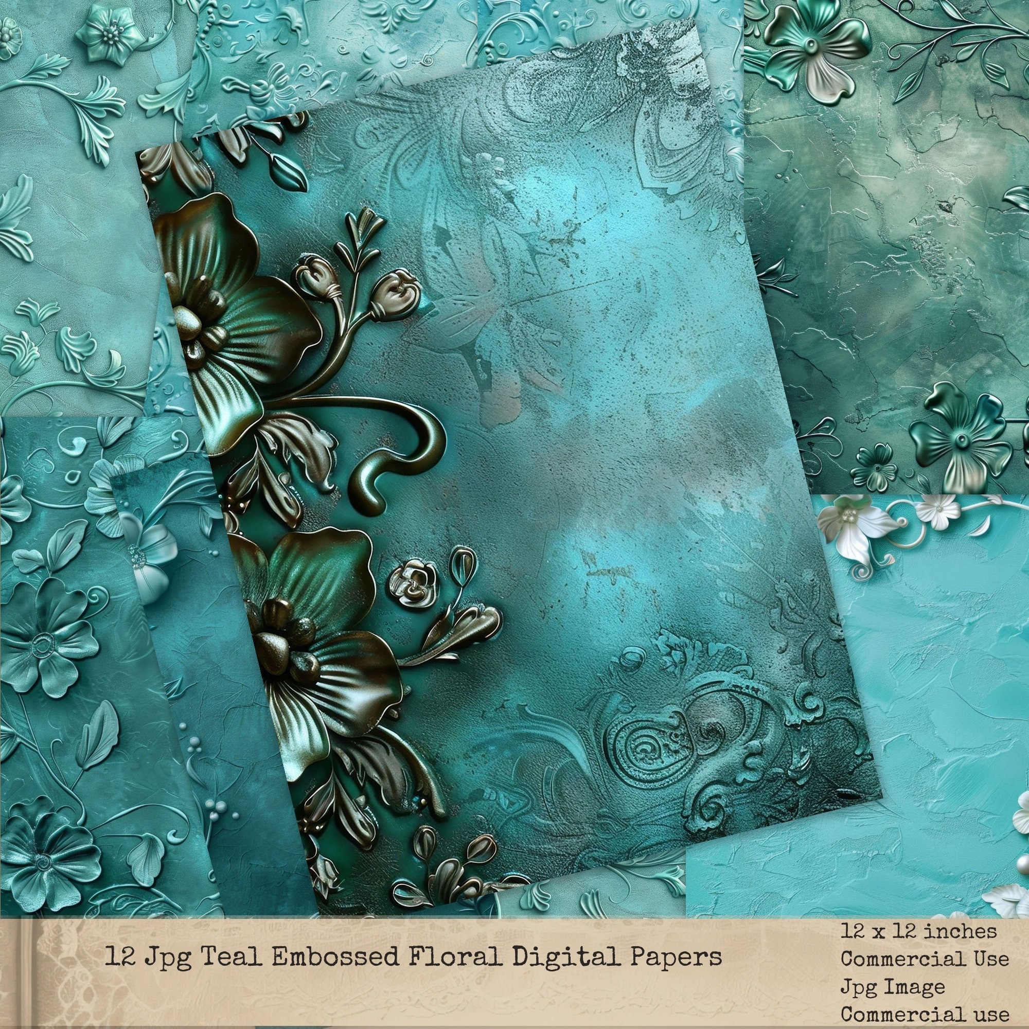 Teal Embossed Floral Digital Flower Papers, Digital Wedding Backgrounds ...